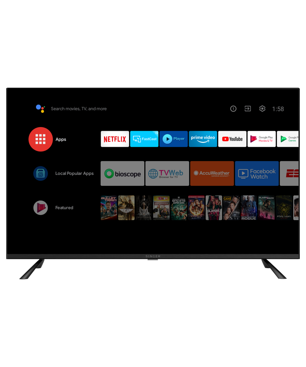 Singer 43 inch Android Smart TV, FHD Resolution, Voice Control, Netflix